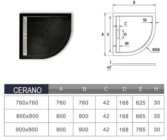 CERANO - Sprchová vanička čtvrtkruhová Docia - sifon + nerezový kryt - černá matná - 80x80 cm