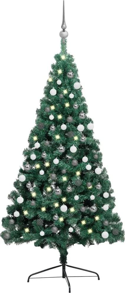 vidaXL Umělý vánoční půl stromek s LED a sadou koulí bílý 150 cm [3077483] Barva: white and rose