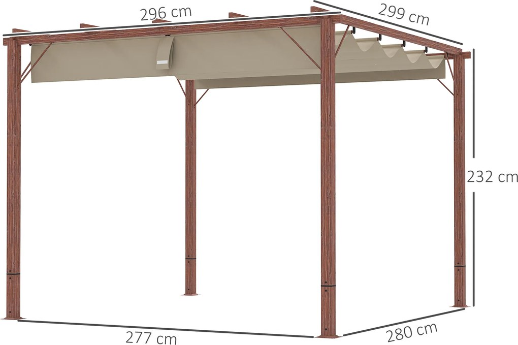 zahradní pergola 3 x 3 m, nastavitelná střecha terasy, hliníkový rám, ochrana proti slunci UPF30+, přírodní dřevo