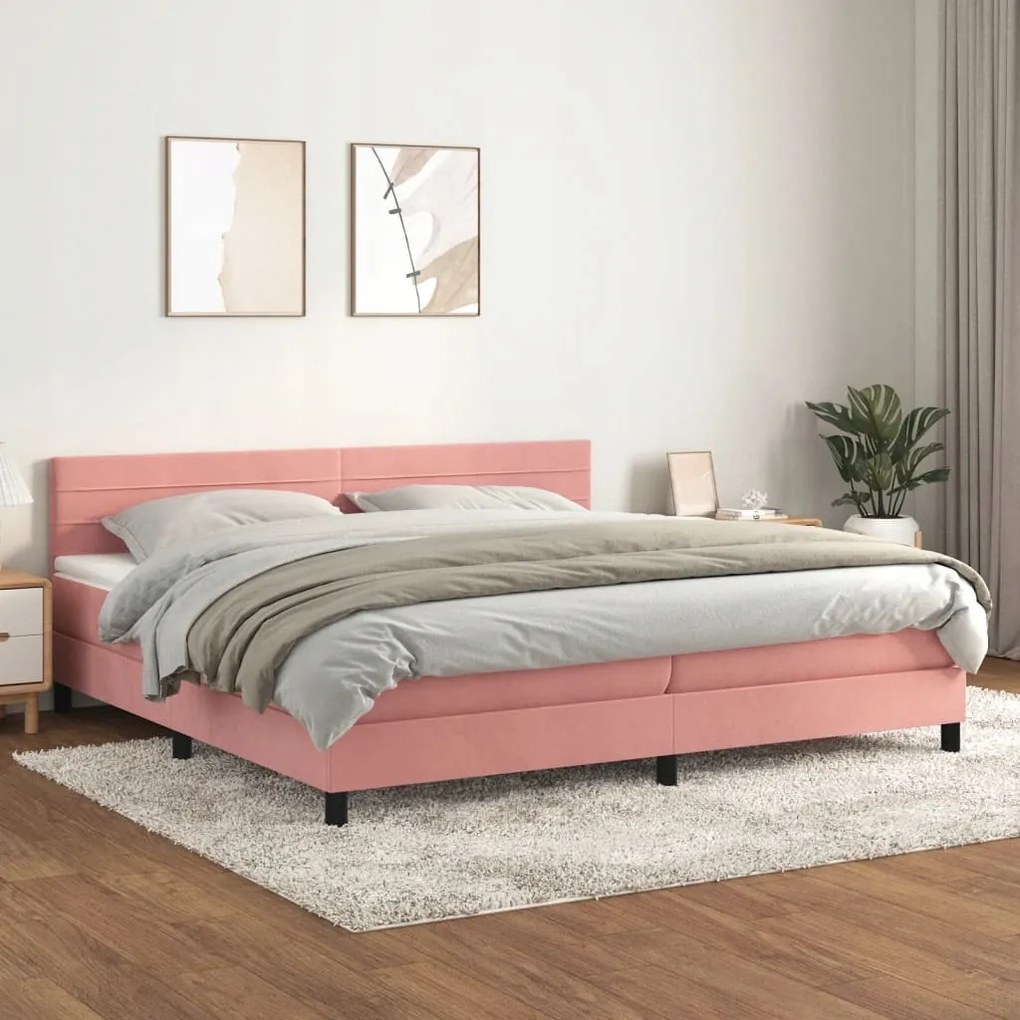 Box Spring Postel S Matrací Samet Růžová vodorovné pruhy 200 x 200 cm