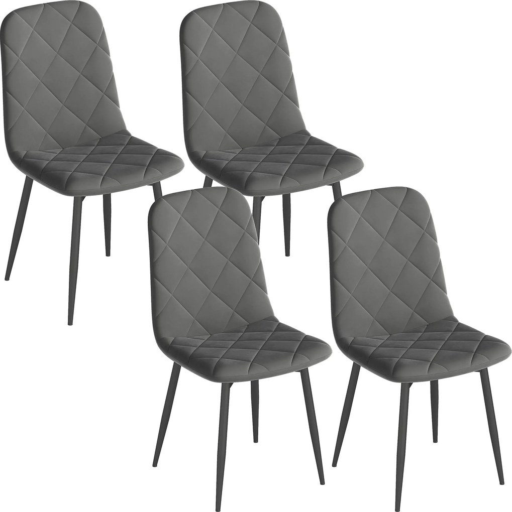 HOMCOM Sada 4 moderních jídelních židlí potažených sametem se ocelovými nohami do obývacího pokoje 45x54x87 cm Šedá | Aosom