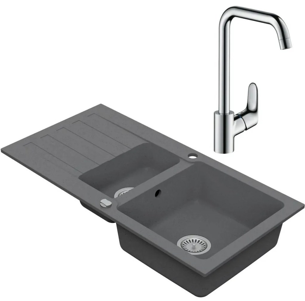 Vima Dřezový set Hansgrohe 3/C- Granitový dřez, 1,5 sektoru, 96x48cm, Šedá + Dřezová baterie Hansgrohe Focus