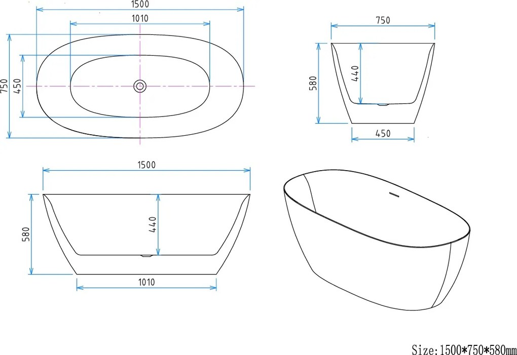 Erga Vienna, volně stojící vana 150x75 cm + odtoková zátka, bílá lesklá, ERG-VIENNA-150075-WH-WH