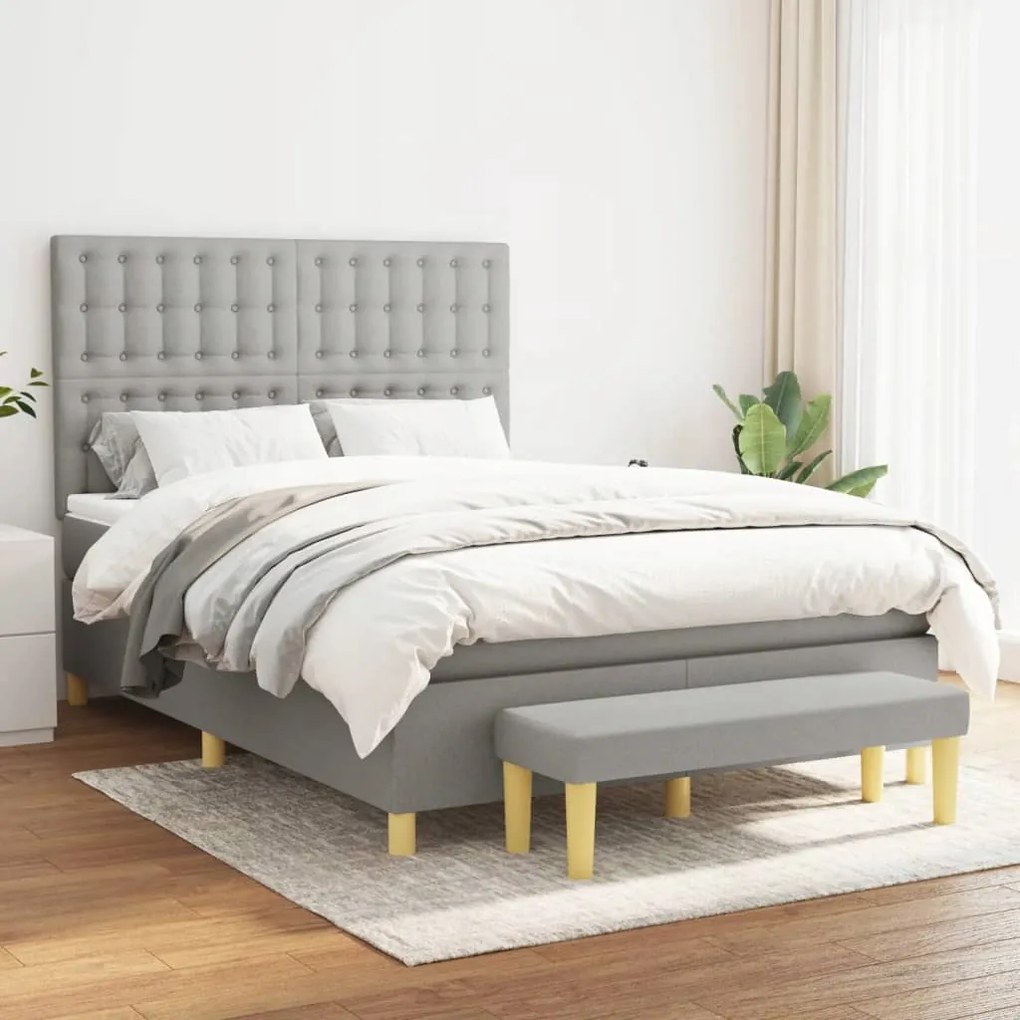 Box Spring Postel S Matrací Textil Světle Šedá tlačítka 140 x 190 cm