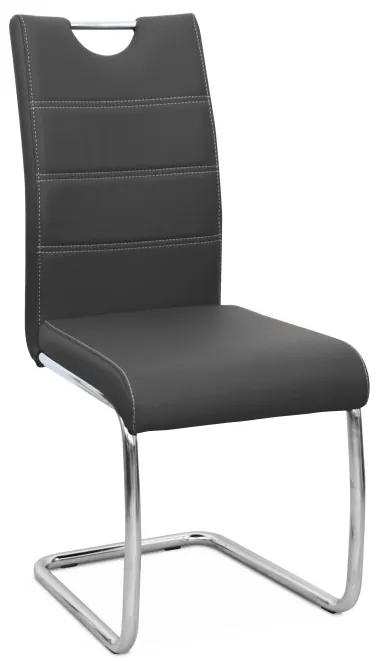 Jídelní židle potažená tmavě šedou ekokůží se zdobným prošitím na opěradle a chromovou moderně tvarovanou podstavou TK182
