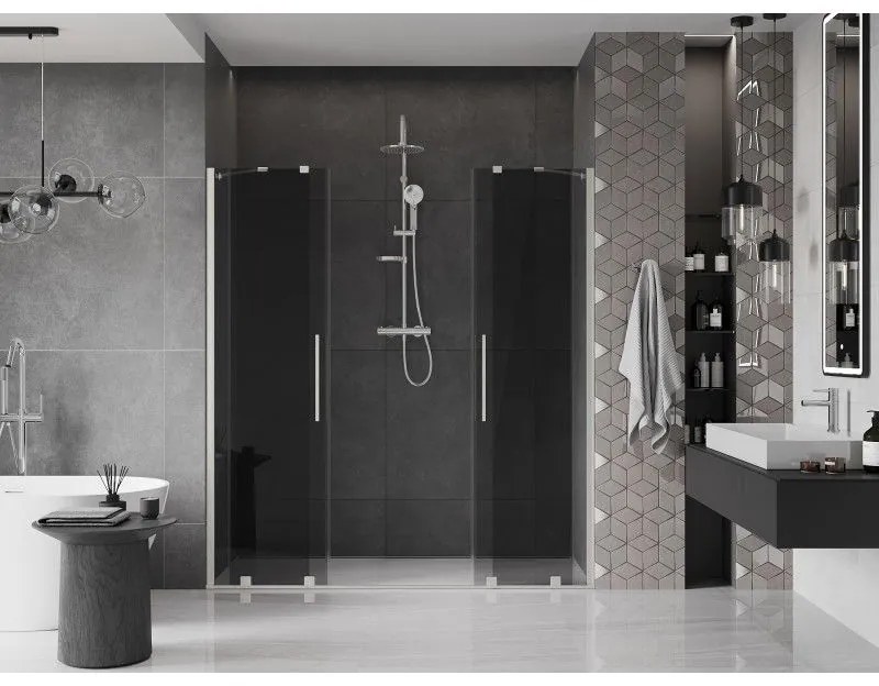Mexen Velar Duo, posuvné sprchové dveře do otvoru 180 cm, 8mm šedé sklo, broušená ocel, 871-180-000-42-97
