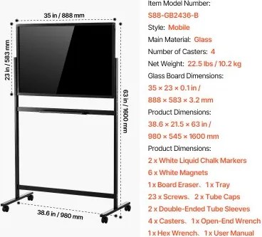 Magnetická bílá tabule ze skla, 888x583 mm VEVOR