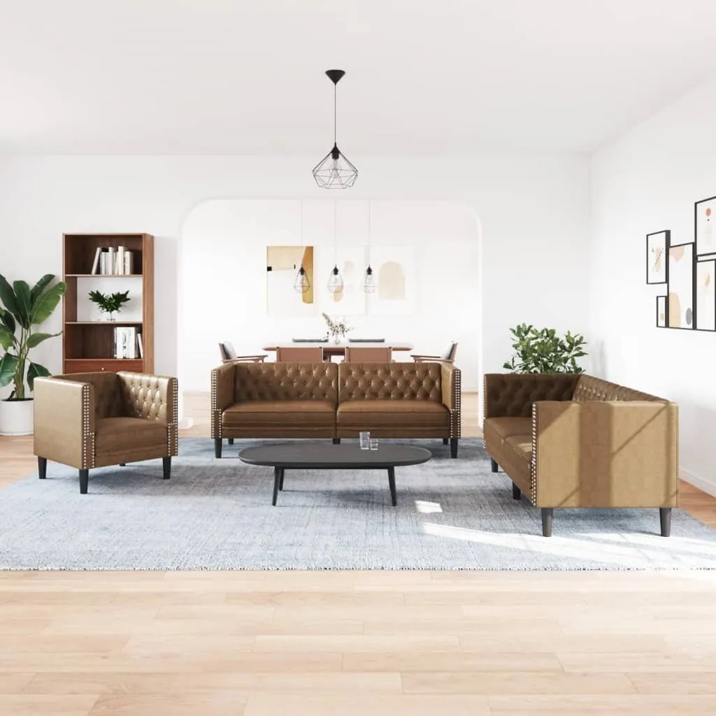 3dílná sedací souprava Chesterfield hnědá umělá semišová kůže 3209273