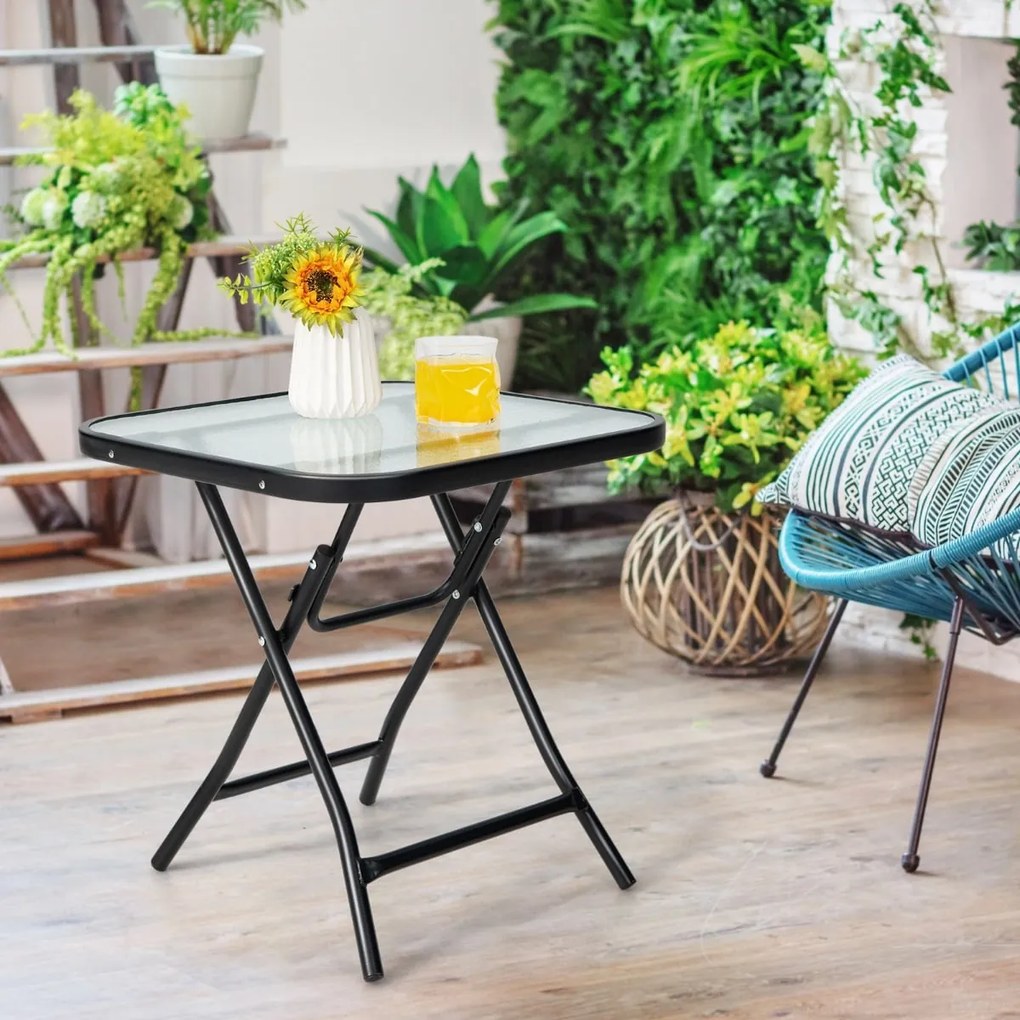 Costway Skládací patio odkládací stolek čtvercový s nerezovým rámem, černý