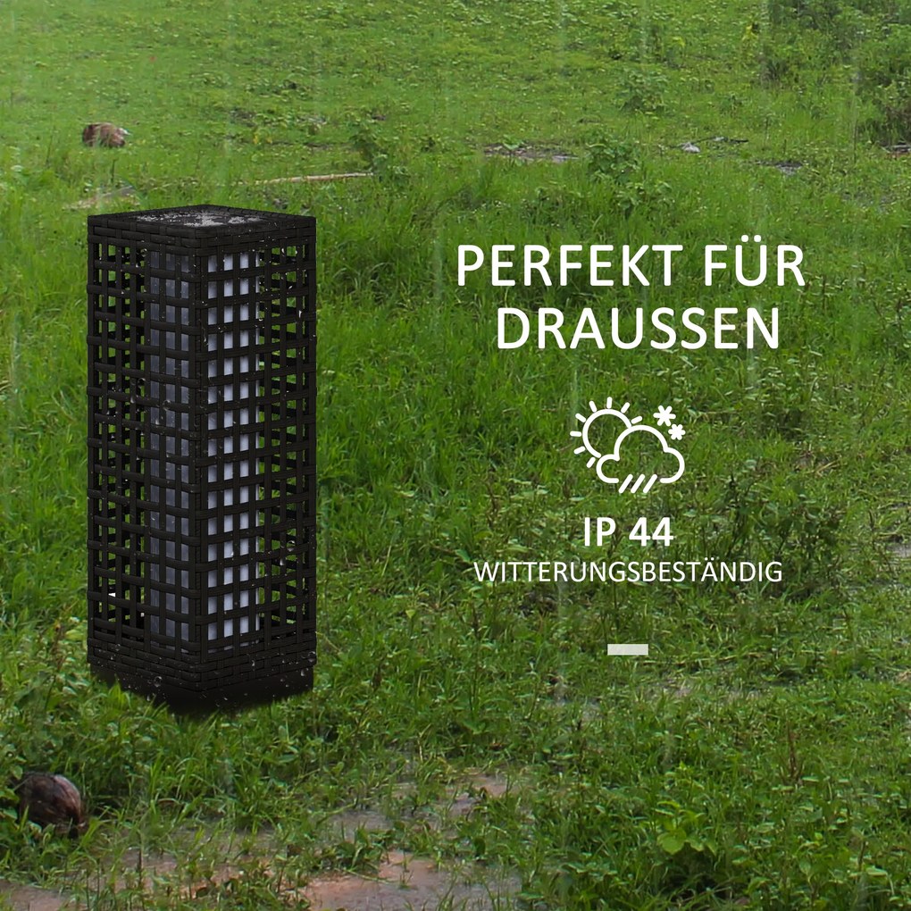 Outsunny solární světlo ratanový design 15,5x15,5x46cm vodotěsné se světelným senzorem automatická zahradní LED lampa černá pro terasu a zahradu