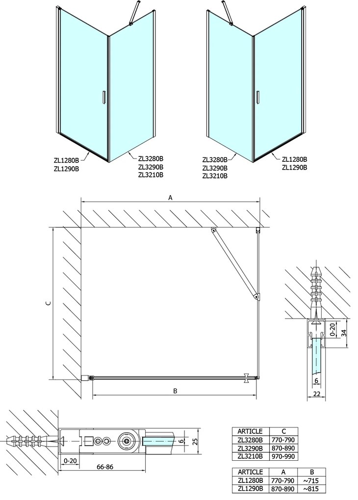 Polysan, ZOOM LINE BLACK sprchová boční stěna 1000mm, čiré sklo, ZL3210B