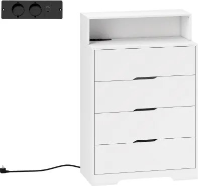 HOMCOM komoda do ložnice se 4 zásuvkami, nabíjecí stanice s USB, USB‑C, otevřená přihrádka, 80x40x120 cm, bílá