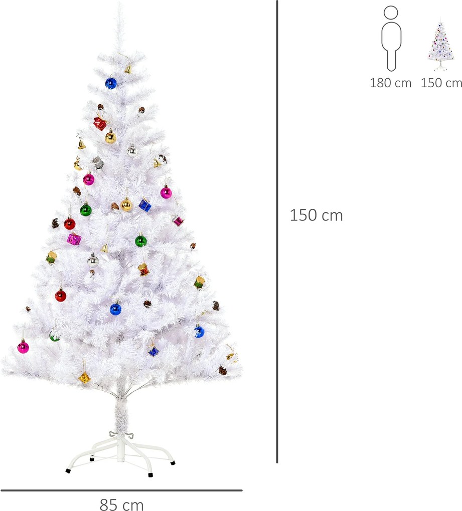 Aosom Umělý vánoční stromek 150 cm, umělá jedle s koulemi, zvonky, bubny, dárkovými krabičkami, vánoční stromek s 680 špičkami, 12 šiškami, vánoční d…