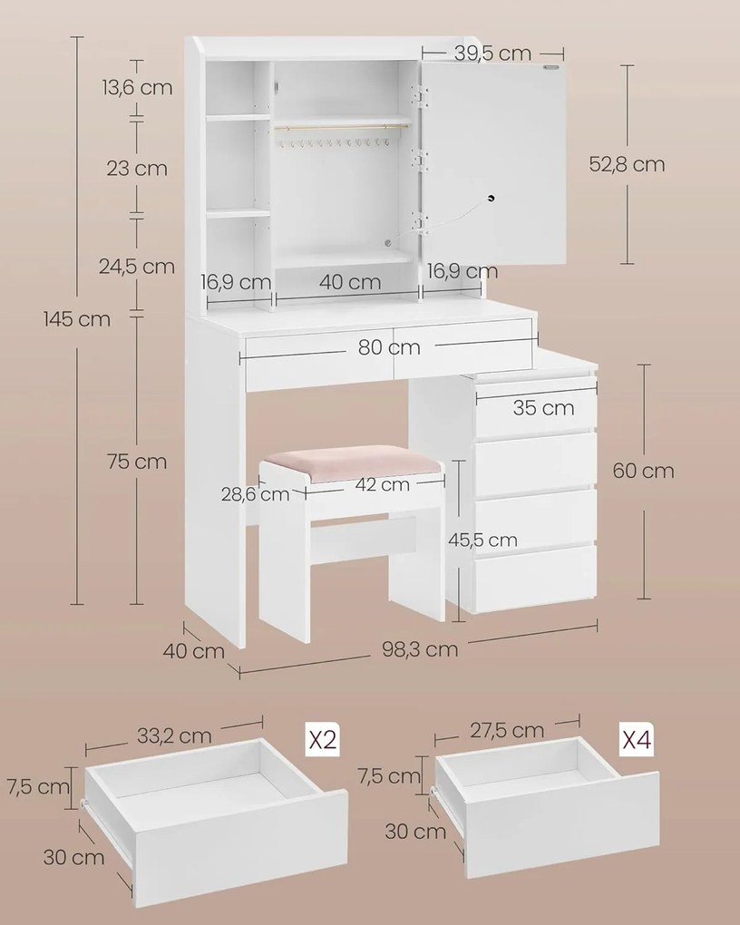 Toaletní stolek s LED osvětlením a taburetem Vasagle Ginny 98 cm bílý
