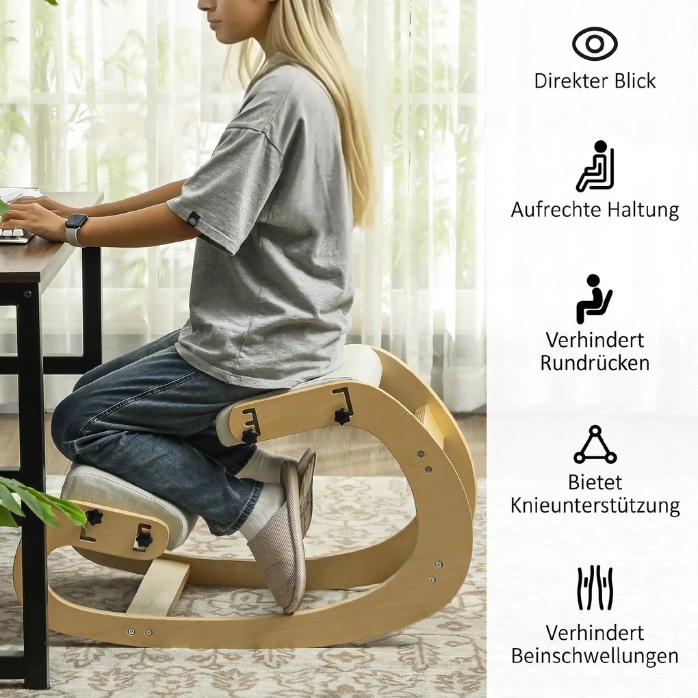 HOMCOM Klekací Židle, Ergonomická Houpací Dřevěná Klekací Židle, Nastavitelná Klekací Stolička pro Domácí Kancelář, Zlepšení Držení Těla, Bolesti Zad…