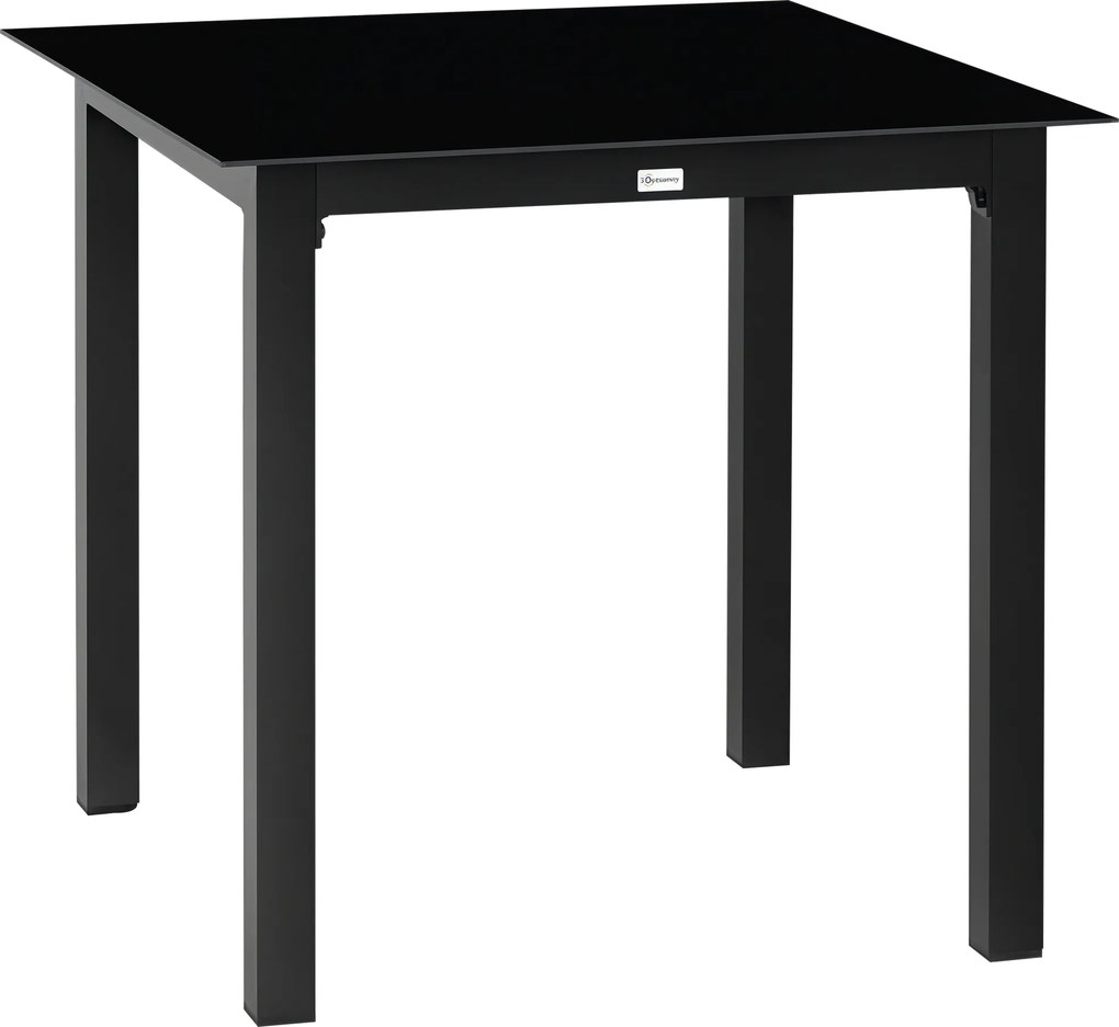 Outsunny zahradní stůl čtvercový pro 4 osoby, stůl na terasu s deskou z tvrzeného skla, hliníková černá 80x80x74cm pro zahradu a balkon