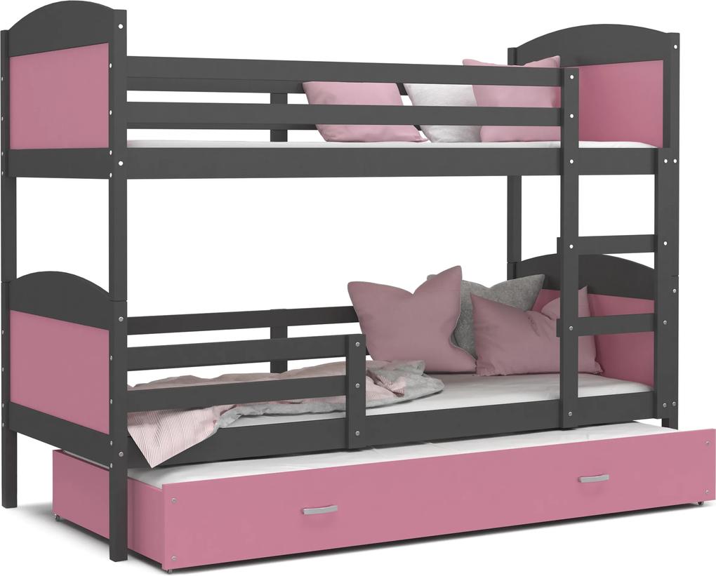 Svět pokojů Patrová postel Maty s přistýlkou pro 3 děti 190x80 cm rám ŠEDÝ/BÍLÝ Matrace: Ne, Barva konstrukce: šedá, Barva dílů: růžová