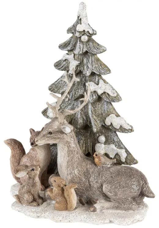 Dekorativní soška zvířátek u zasněženého stromečku – 17x10x20 cm