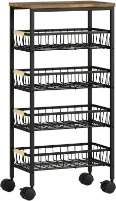 HOMCOM Přídavný vozík na kolečkách, 4 odnímatelné koše, nosnost 15 kg, kovový rám pro jídelnu 40 x 24 x 81,5 cm, rustikálně hnědá