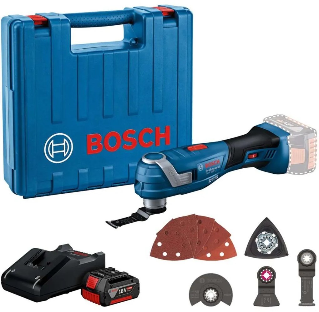 Bosch - 18V AKU oscilační multibruska s příslušenstvím, 1x aku 4,0 Ah, nabíječka 06018G2021