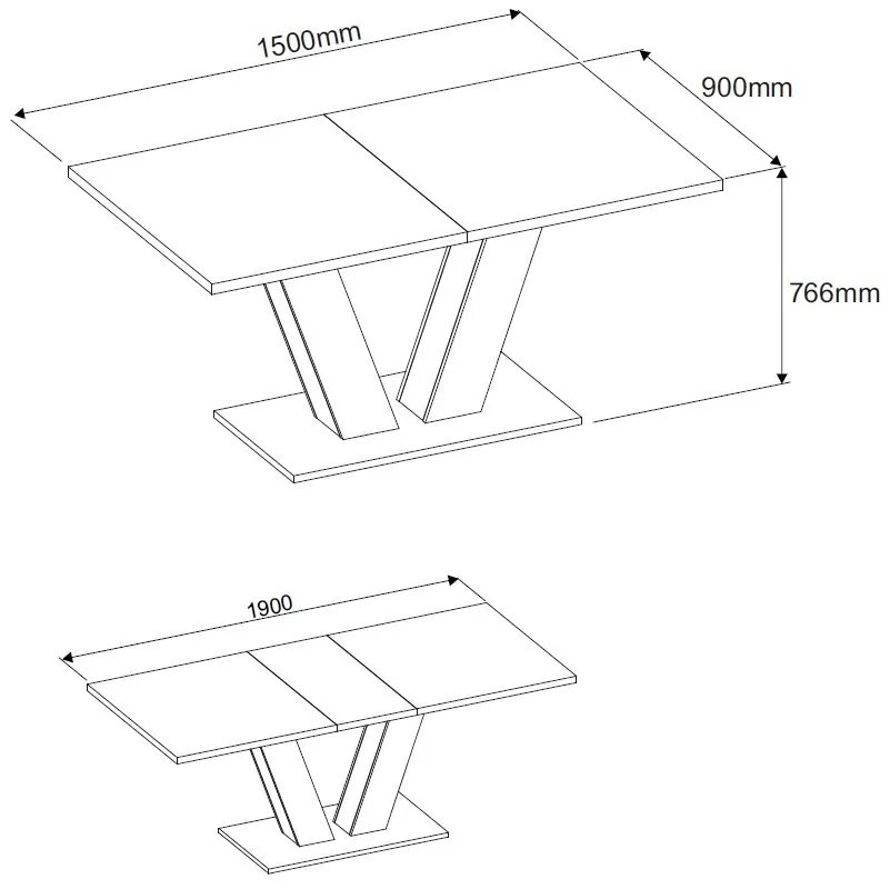 Rozkládací jídelní stůl Moteon 150x90 cm, bílý/šedý, podnož V