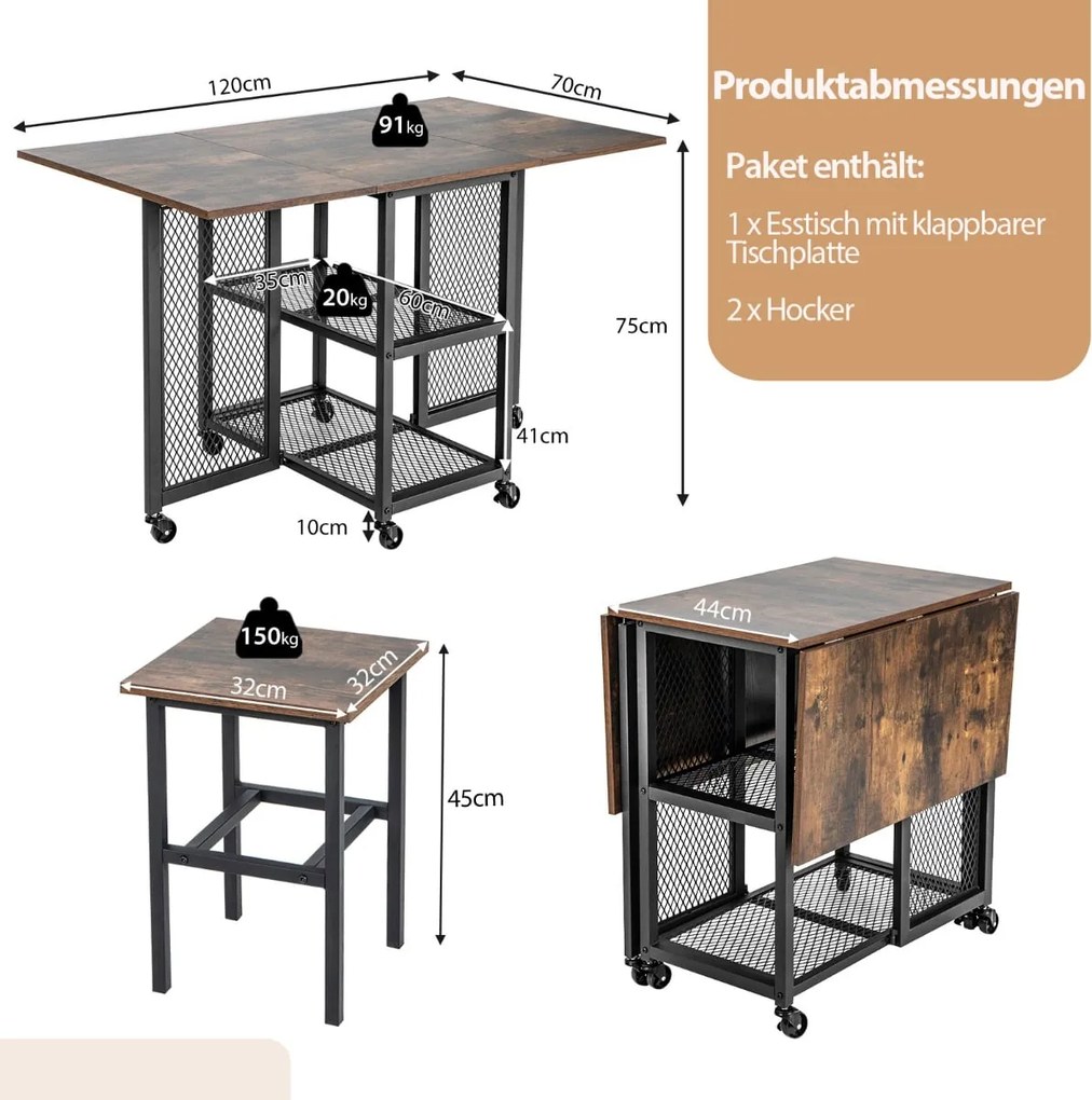Costway 3 ks. Klappbares Esstisch-Set Ausziehbarer Esstisch mit 2 Hockern a 2
