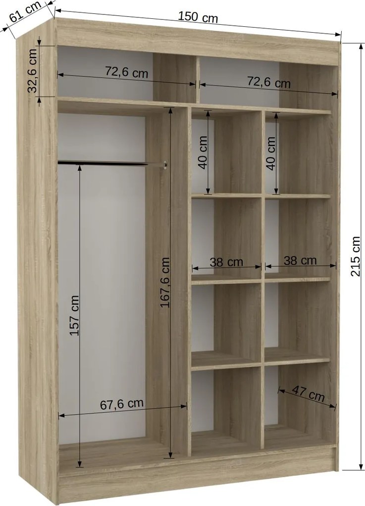 ADRK Furniture Posuvná skříň se zrcadlem a lacobelem TOURA 150 ADRK-SW-TOU-SCHL-150
