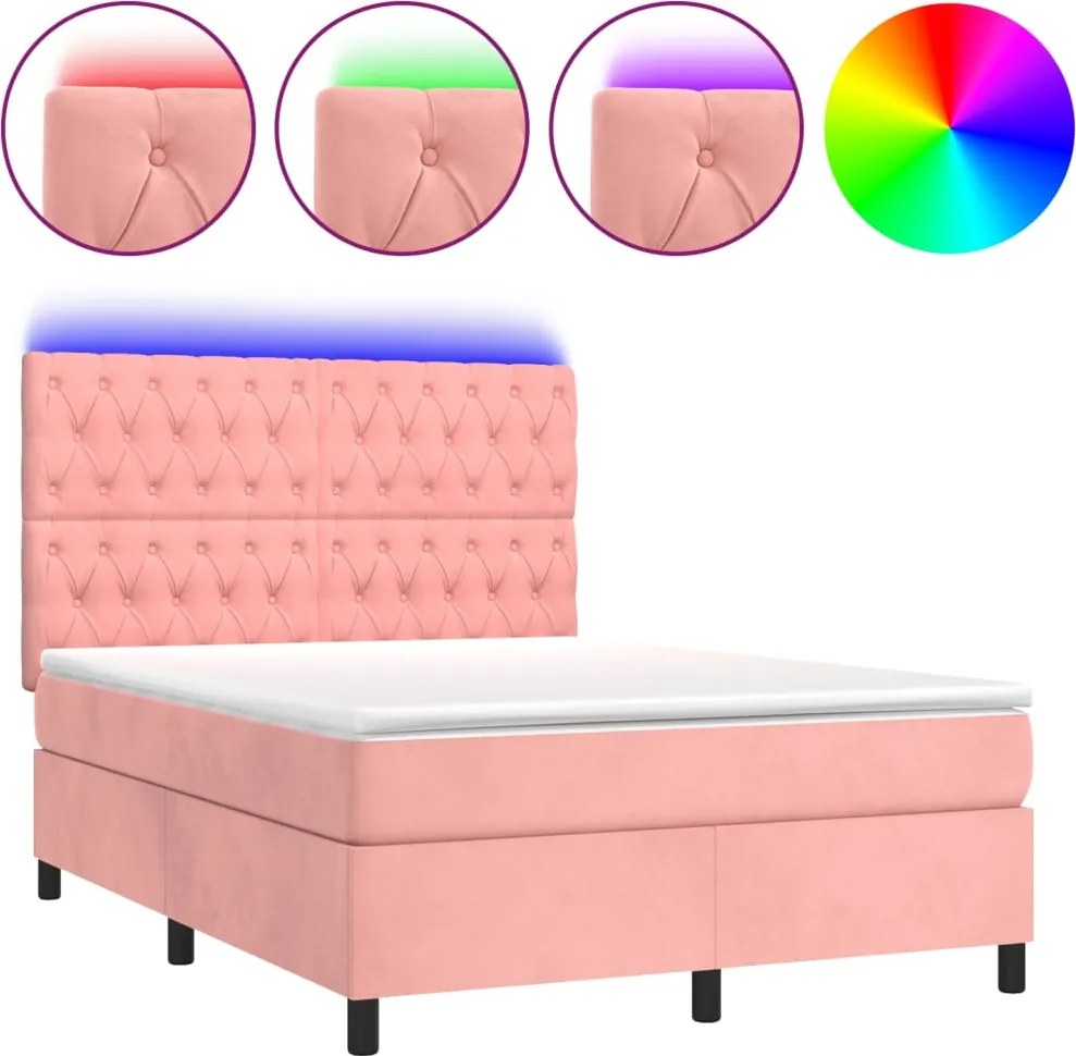 Box spring postel s matrací a LED růžová 140x190 cm samet 3136304