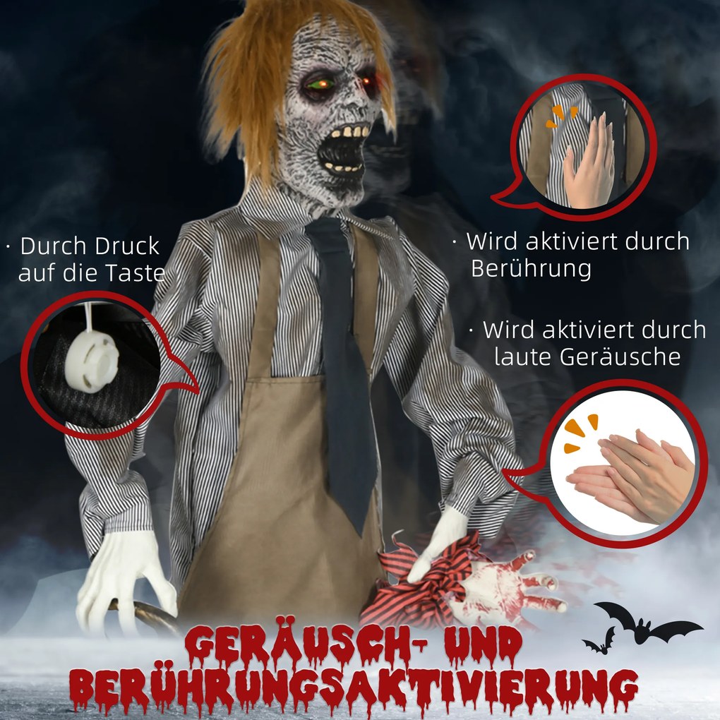 HOMCOM Halloween dekorace, řezník s motorovou pilou, pohyblivý, zvuk motorové pily, automatické spínání, 1,70 m