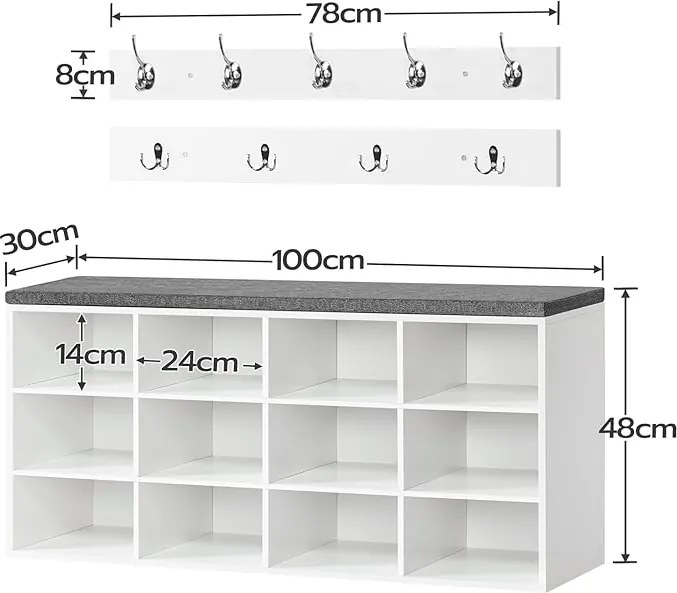 Předsíňový věšák s botníkem a sedákem Vasagle Jungo 100 cm bílý/šedý
