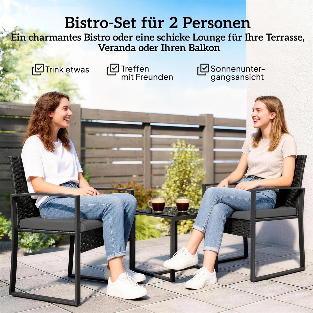 Outsunny Ratanový bistro set, 3dílná sada zahradního nábytku se 2 zahradními židlemi, konferenčním stolkem, odnímatelnými polštáři tmavě šedá