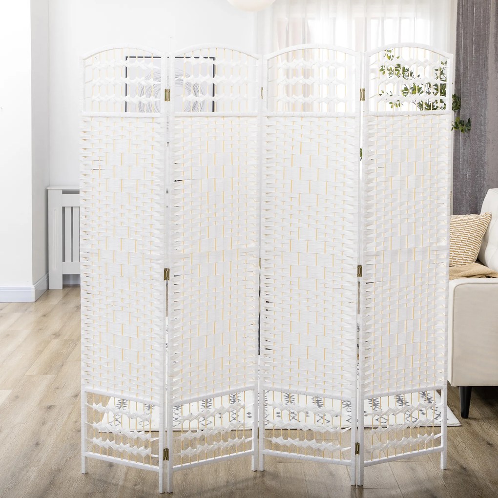 HOMCOM Skládací Předěl s 4 Panely 160x170 cm, S Rámem z Dřeva a Papírovým Provázkem pro Ložnici a Obývací Pokoj - Bílá