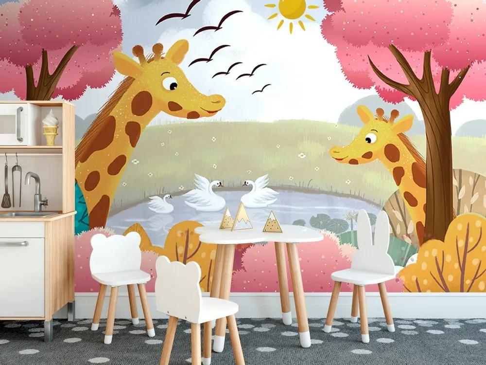 Samolepící tapeta žirafy u jezírka - 300x200 cm