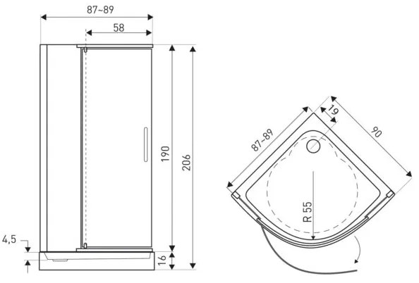Novoterm Čtvrtkruhový sprchový kout NV-Splash 90x90 černá/transparent + vanička