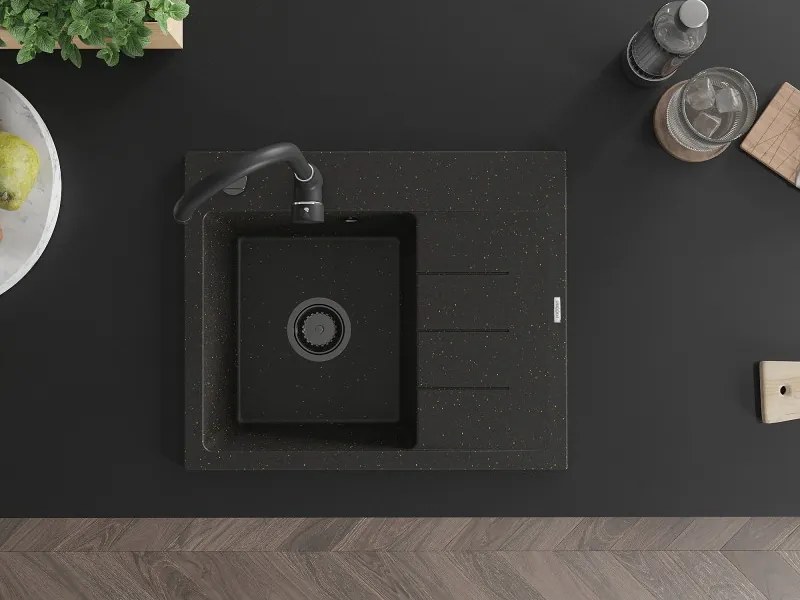 Mexen Ben, 1-komorový granitový dřez 600x500x190 mm, levý + černý sifon, černá-zlatá metalíza, 6522605000-75-B