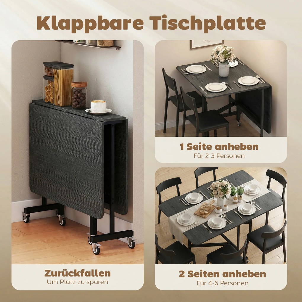 HOMCOM skládací jídelní stůl pro 4–6 osob s kolečky a sklápěcími deskami, černý, 120 × 80 × 73 cm