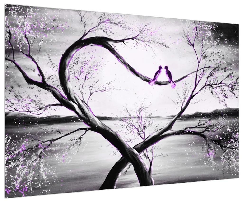 Obraz dvou fialových ptáků na stromě (90x60 cm)