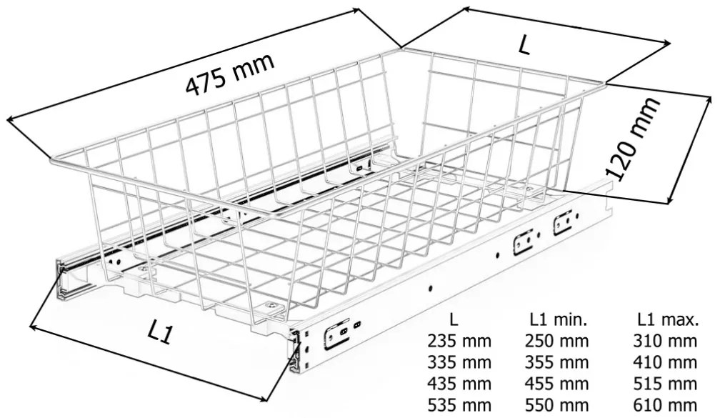 In-Design Úložný šatní koš plný výsuv tlumené zavírání výška 120 mm stříbrná Šířka koše (mm): 335 mm, Minimální nastavitelná šířka: 355 mm, Maximální nastavitelná šířka: 410 mm