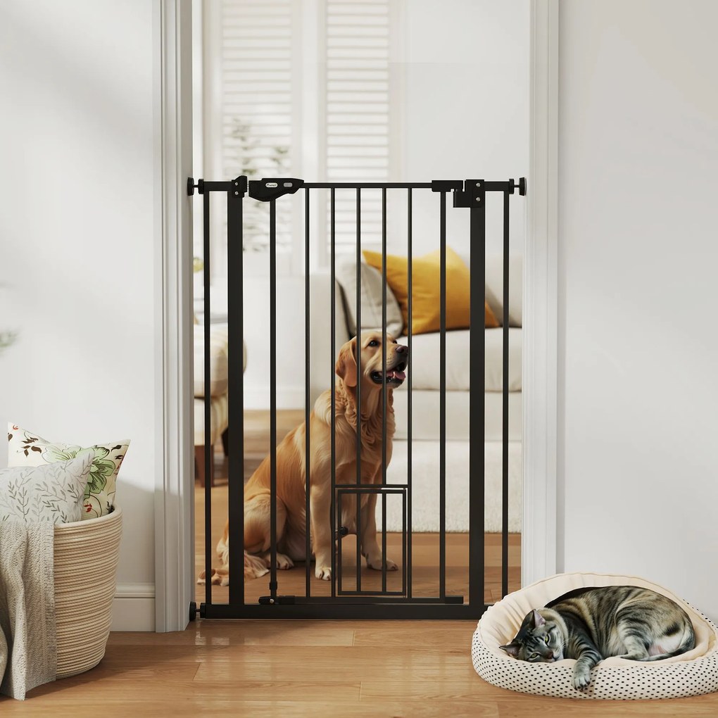 Dveřní mříž PawHut pro psy s dvojitým zámkem, nastavitelná délka 74-80x104cm, automatický zámek dveří, montáž bez vrtání, černá