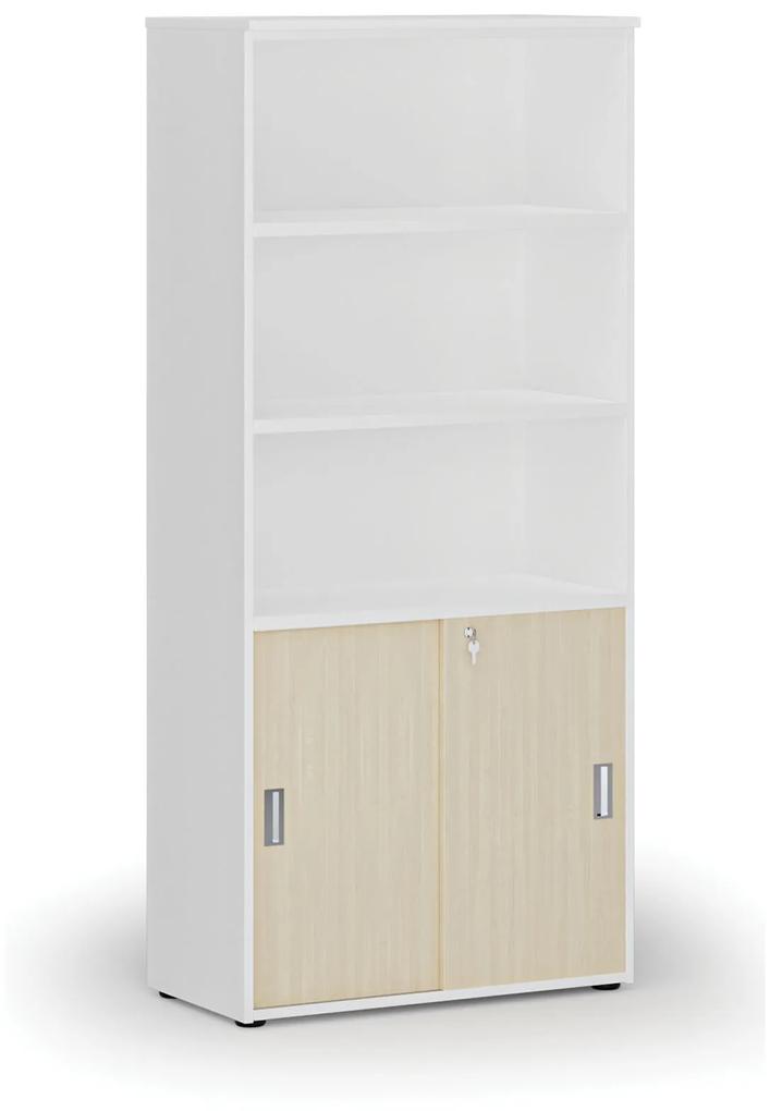 Kombinovaná kancelářská skříň PRIMO WHITE, zasouvací dveře na 2 patra, 1781 x 800 x 420 mm, bílá/bříza