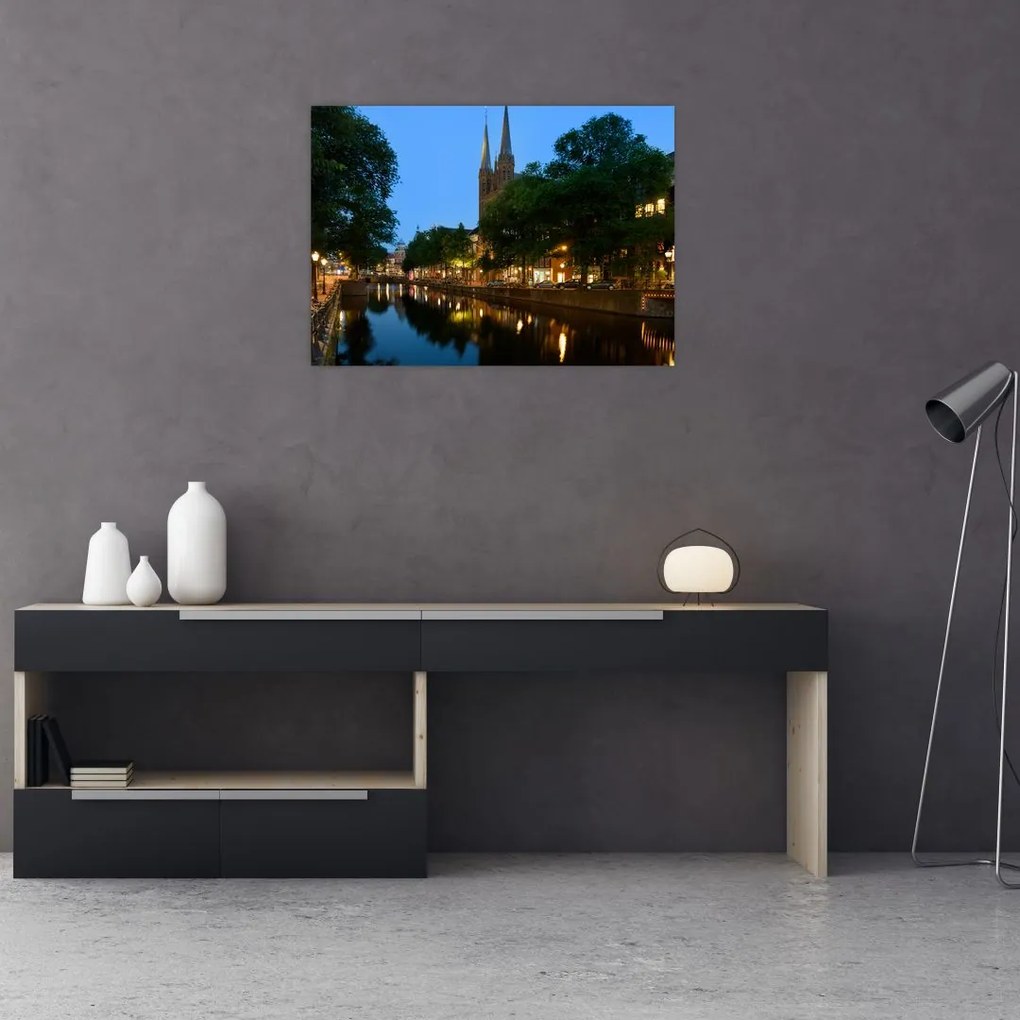 Skleněný obraz nočního historického města (70x50 cm)