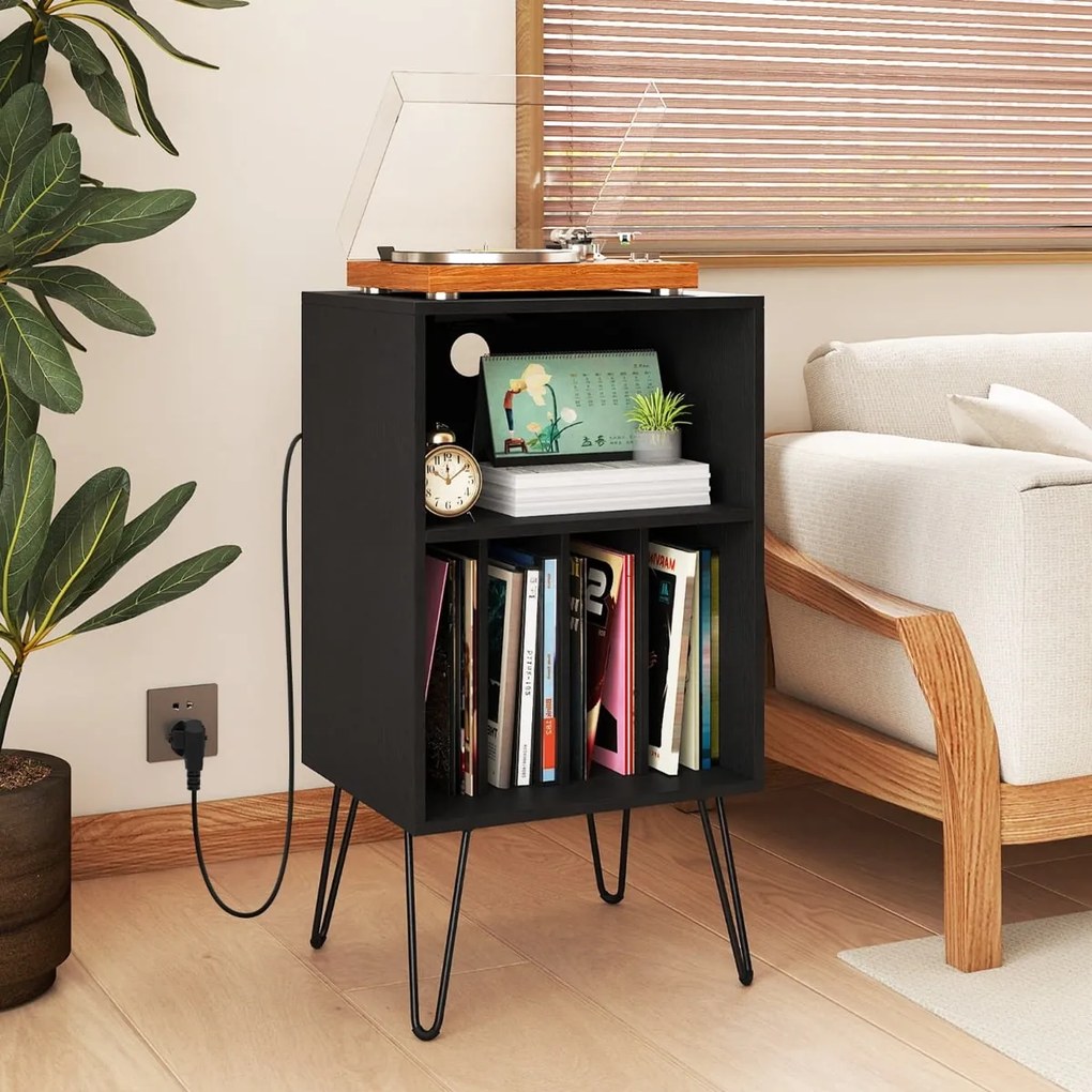 Costway Stojan na gramofon s nabíjecí stanicí Vinylová úložná