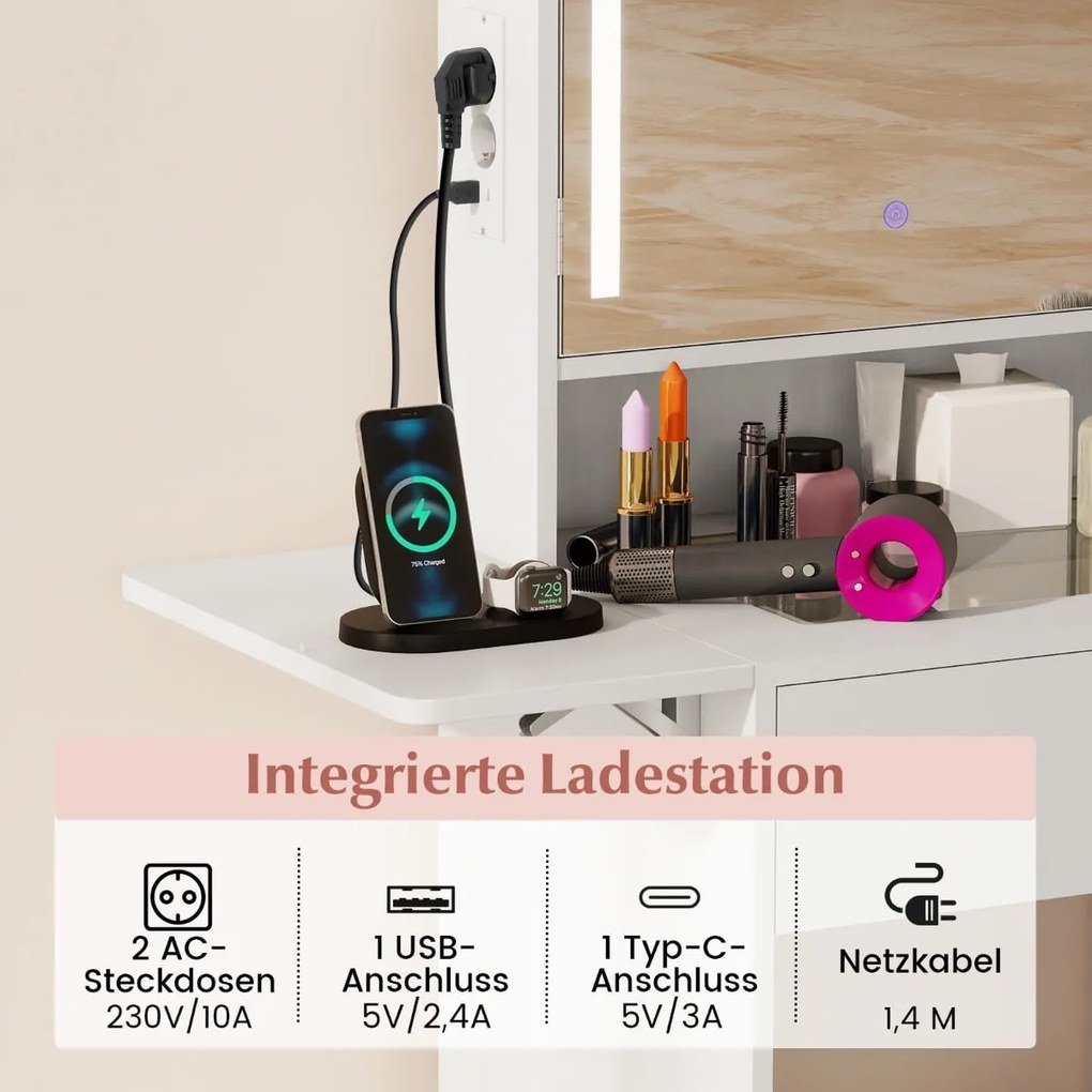 Costway Toaletní stolek s 3 barevné LED zrcadlo a taburet a zásuvky set úzký