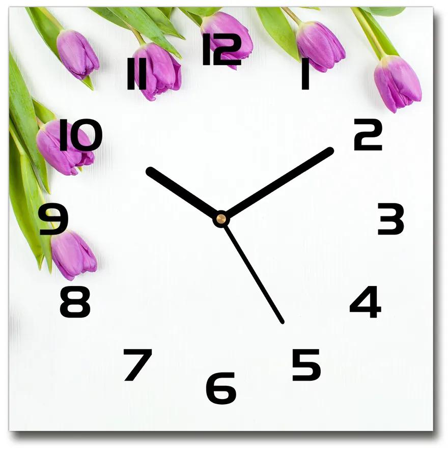 Wallmuralia Skleněné hodiny čtverec Fialové tulipány 30x30 cm