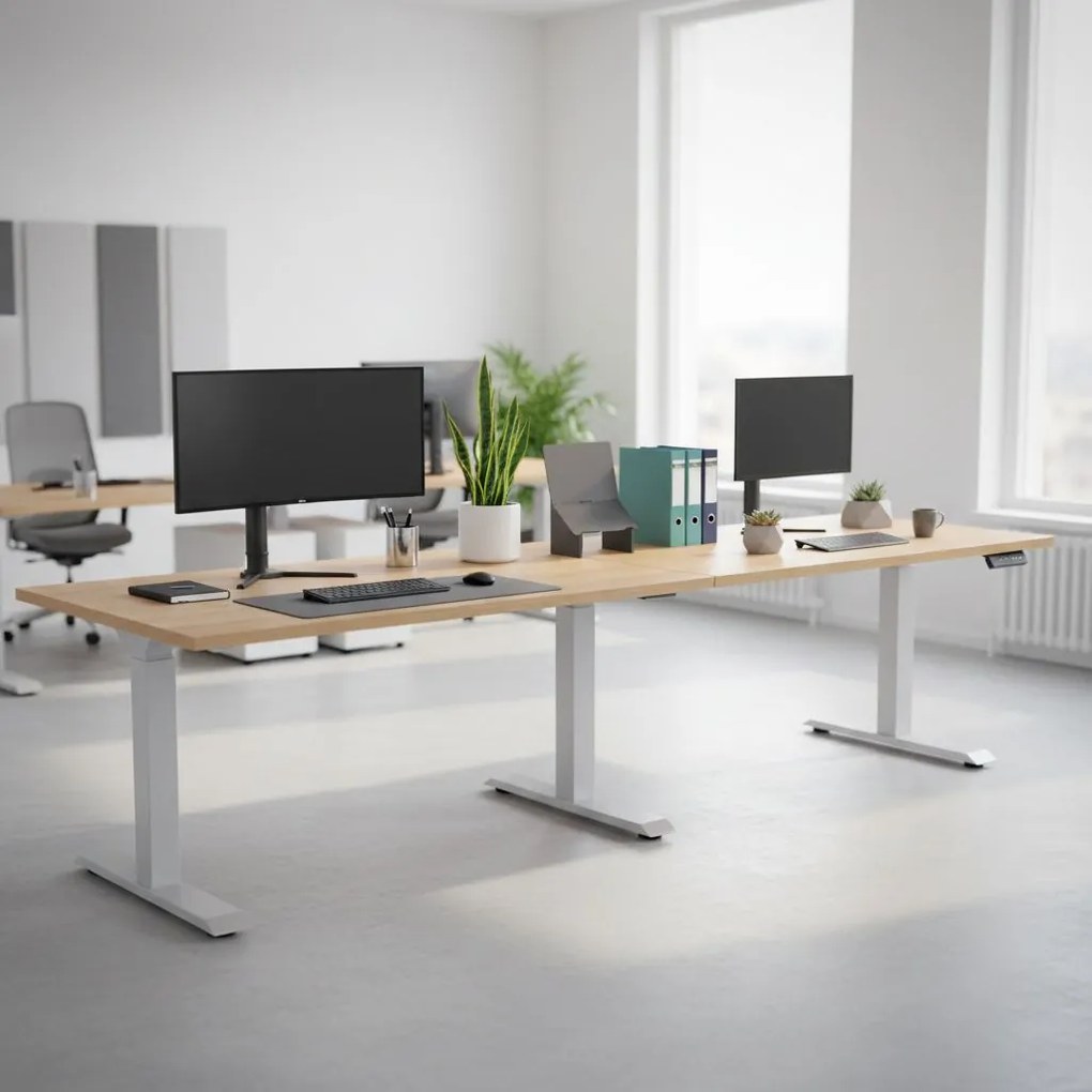 Výškově nastavitelný stůl OfficeTech Long, 260 x 80 cm, šedá podnož, dub kamenný