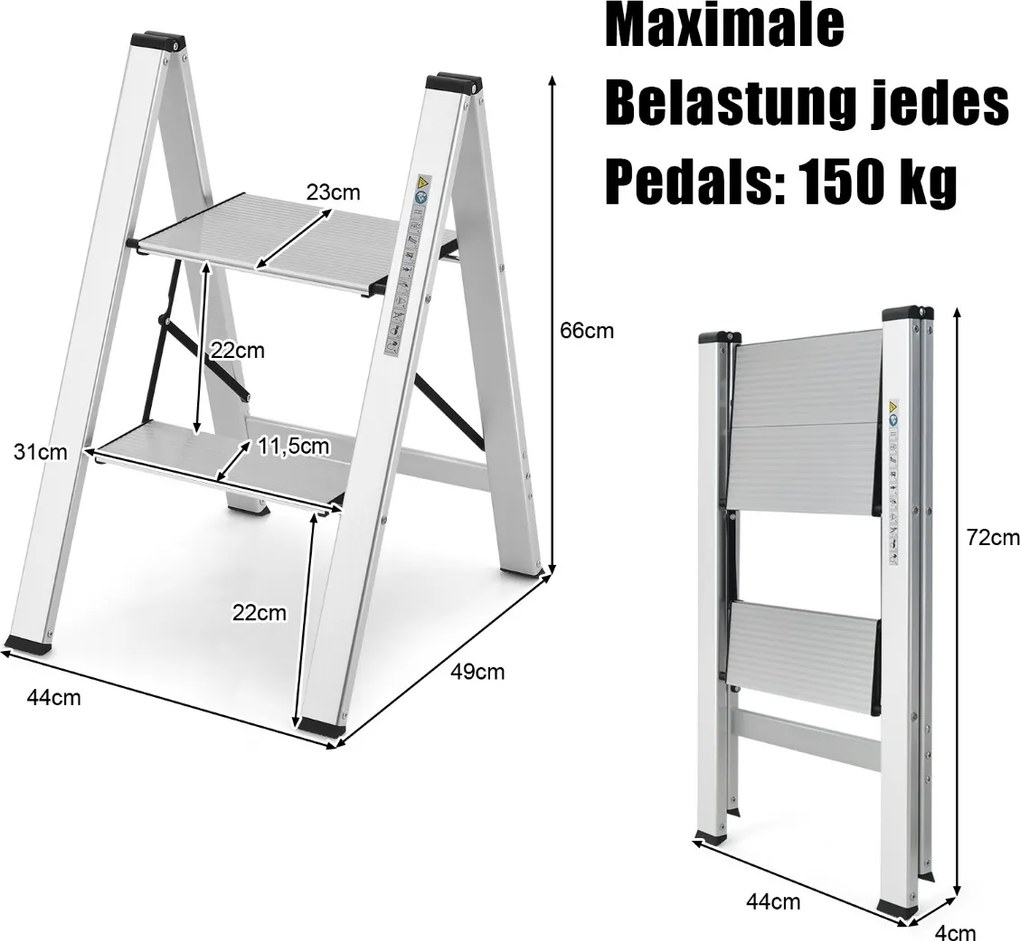 Costway Schůdkový žebřík 2 stupňový hliníkový skládací žebřík do 150 kg, stříbro