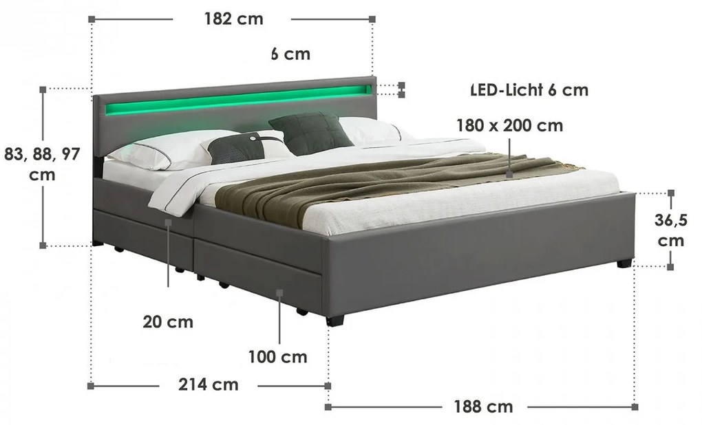 Čalouněná postel Lyon s úložným prostorem a LED osvětlením 180 x 200 cm | šedá