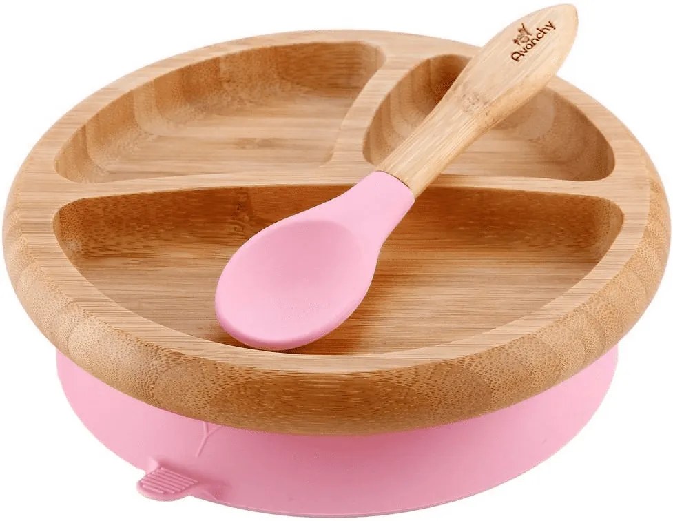 Dětský bambusový talíř s přísavkou a lžičkou | růžová - Avanchy