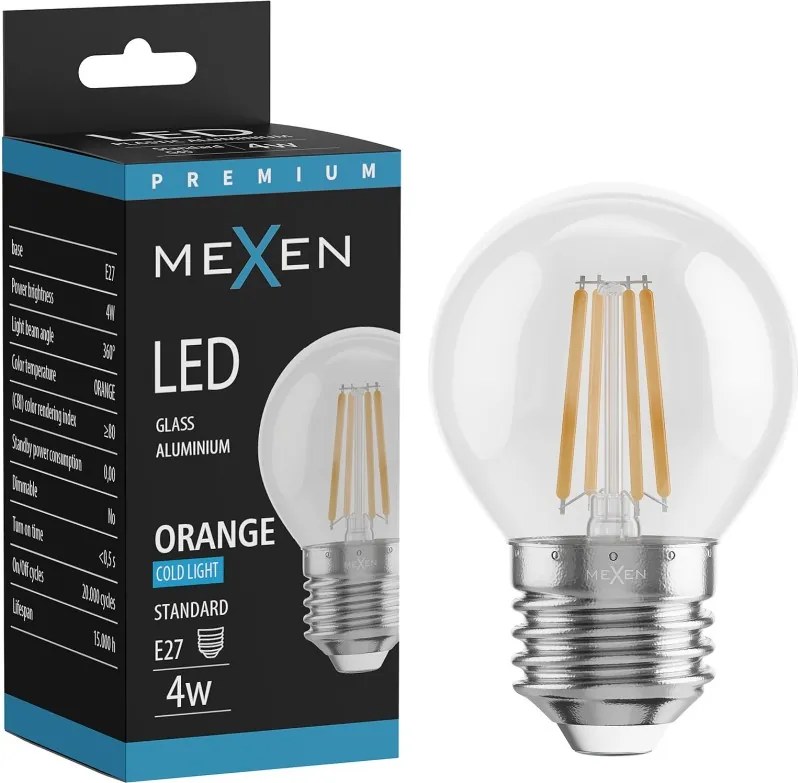 Mexen Vintis, LED filamentová žárovka E27, G45, 4W, oranžová, čirá, L156-E27-04XX-48
