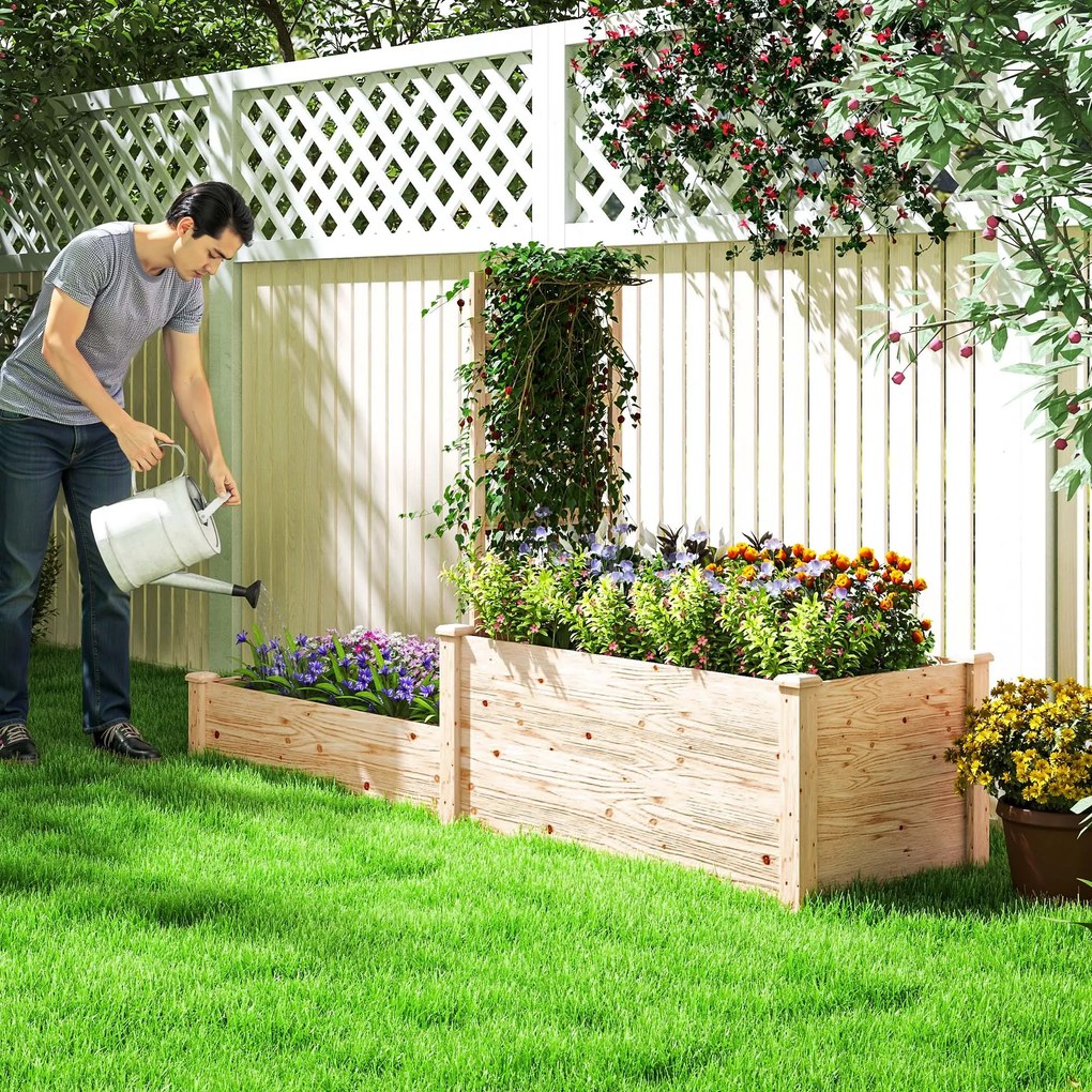 Outsunny Velký venkovní dřevěný květináč s mřížkou pro popínavé rostliny a 2 květinové boxy pro zahradu, terasu 222x63x132 cm Přírodní dřevo